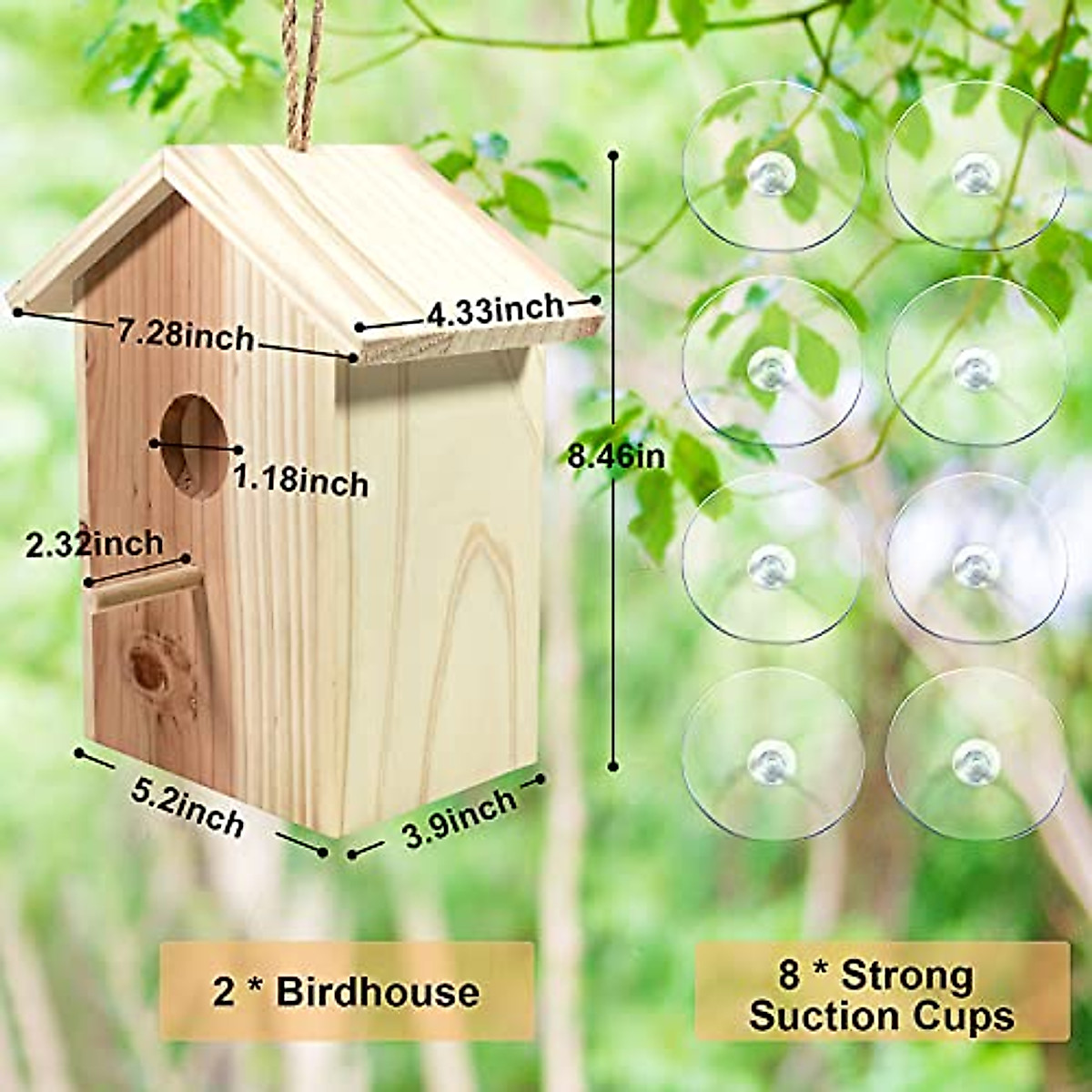 Pintuson 2 Pack Window Bird Houses for Viewing, See Through Bird House for Window, Transparent Spy Birdhouse for Outdoor, Wooden Bird Nest with Strong Suction Cups