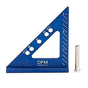 DFM Precision Engineering Square - Made in USA Small Carpenters Square Work Tools w/Fixed Miter Angle Pin 3.5" x 3.75" Size for Pocket 1/16" Scribe Holes 5 x 1/4" Pin Holes (English - Blue)