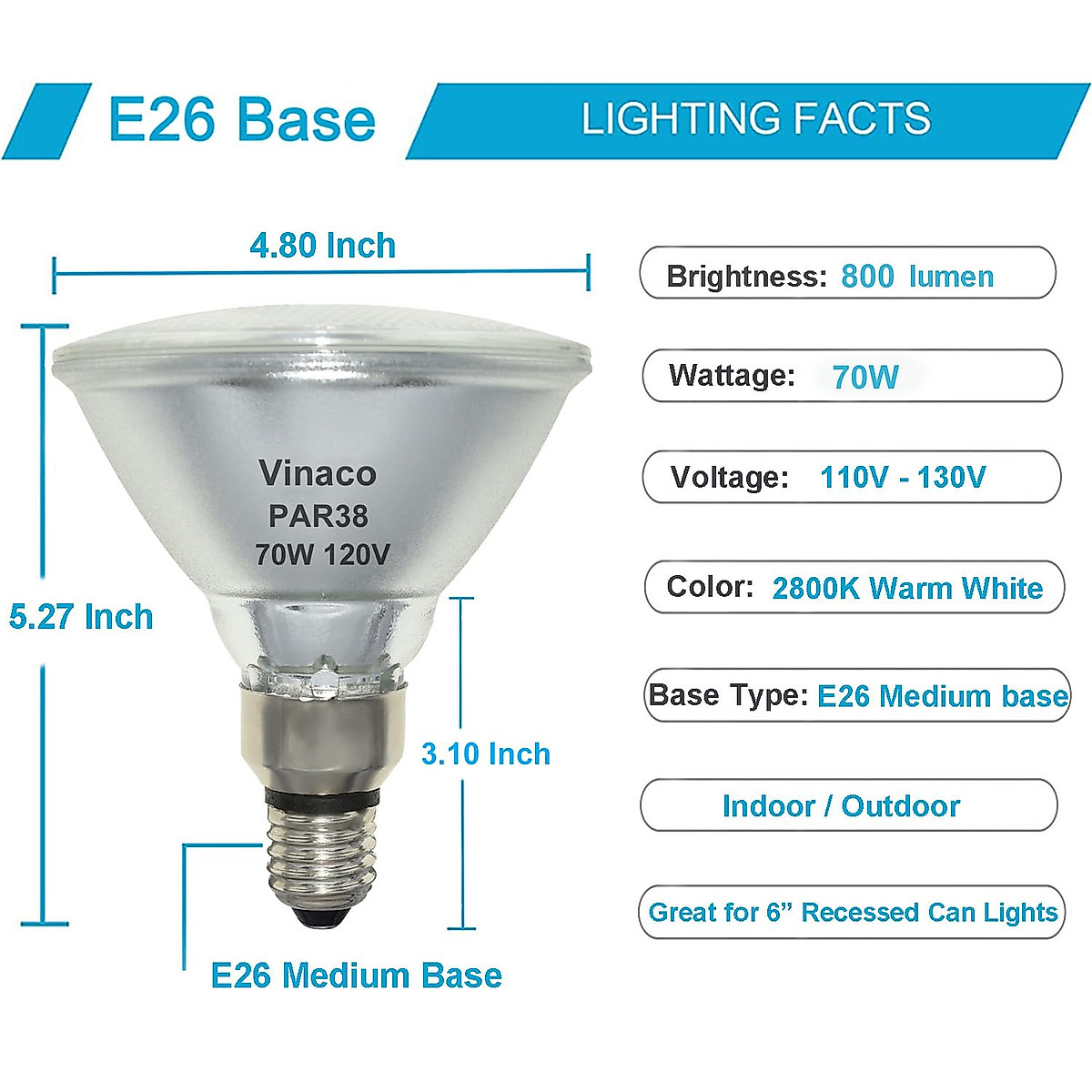 Vinaco PAR38 Flood Light，4 Pack PAR38 Halogen Flood Light Dimmable 70W 120V， High Brightness 800LM, PAR38 Bulb with E26 Base,2800K Warm White Ideal for Indoor/Outdoor