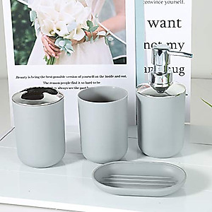 Bathroom Accessory Set 4 Pcs Plastic Bathroom Decor Toothbrush Holder Toothbrush Cup Soap Dispenser Soap Dish Farmhouse Decor Bathroom Home Decor Craft (Grey)