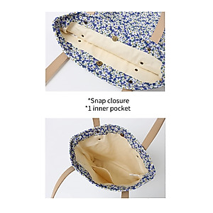 Jeelow Floral Cotton Canvas Tote Handbag with Vegan Leather Handles for Women - Lightweight Shoulder Bag Purse Snap Closure (Blue)