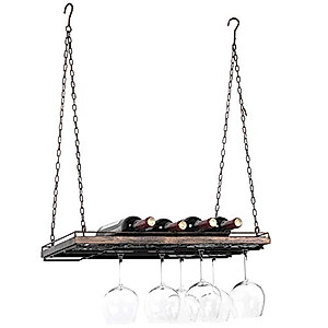 MyGift Ceiling Mount Hanging Wine Glass Holder Rack, Bronze Metal Stemware and Wine Bottle Shelf with Decorative Vineyard Cutout Design