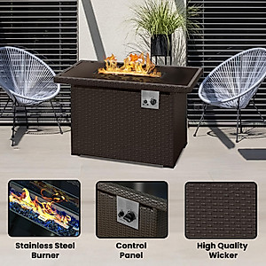 PRIMETEK 2-in-1 Fire Pit Table for Patio, Brown Wicker - 44", 50,000 BTU, Wind Guard, and Glass Rocks (FPH-BRN) (44 x 32 x 24 inch)