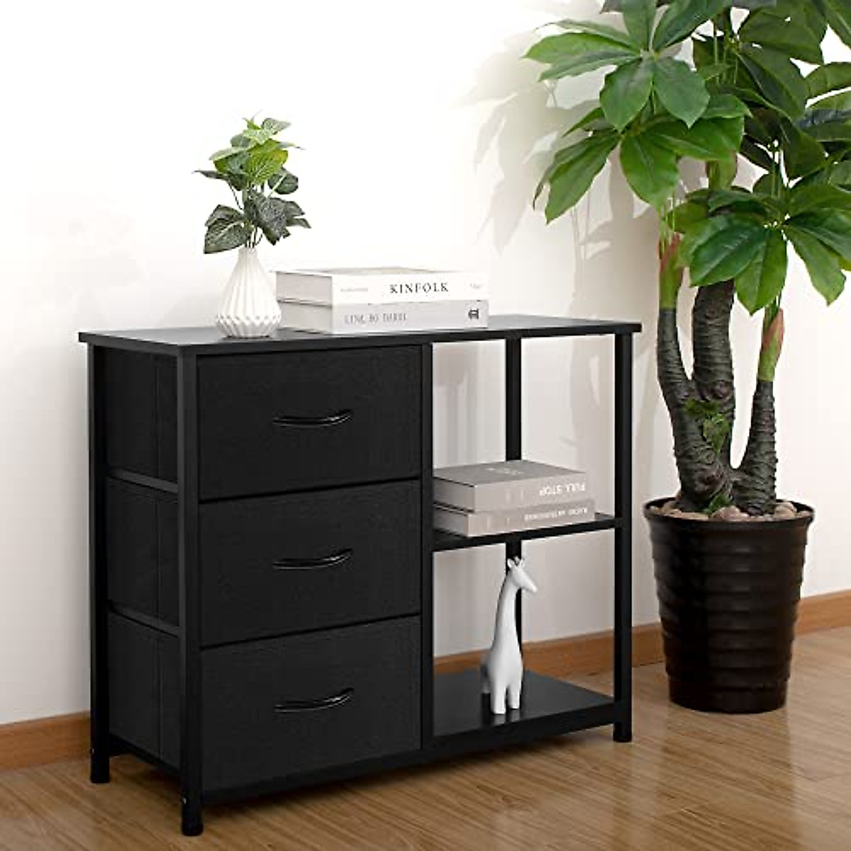 AZL1 Life Concept Rustic Brown Fabric Dresser, 4 Drawer Organizer Unit with 2 Shelves, Storage Chest for Bedroom, Entryway, Hallway, Living Room, Office, Black