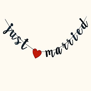 Just Married Banner- Wedding Party Sign, Bridal Shower Decoration Prop Photos (Black Glitter)