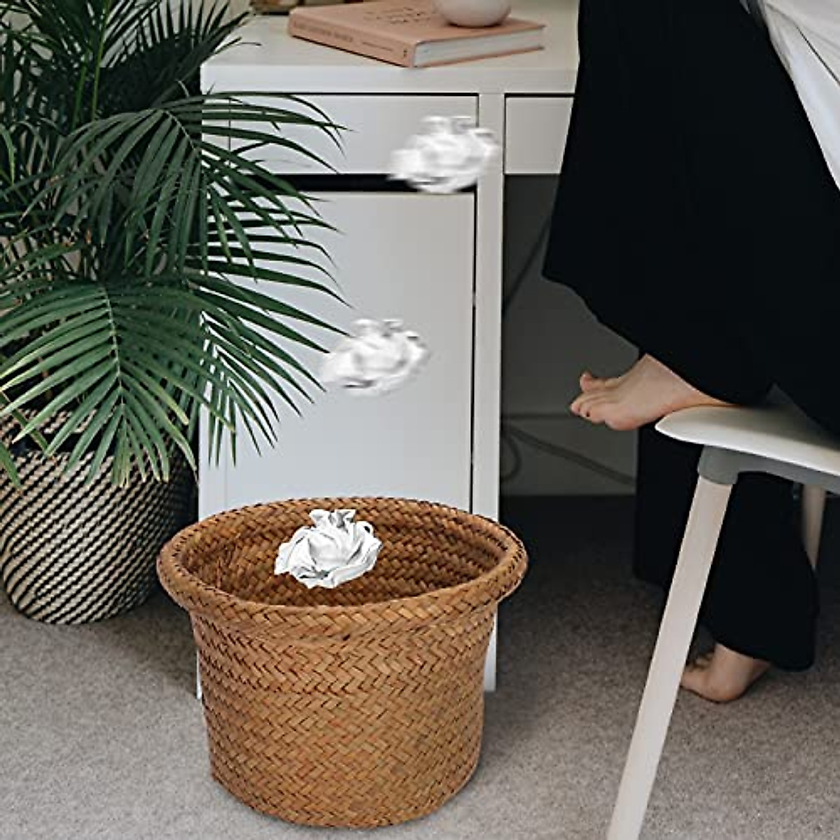 NUOBESTY Wicker Trash Can Rattan Garbage Bin Waste Basket Hyacinth Flower Pots Woven Storage Basket for Home Office