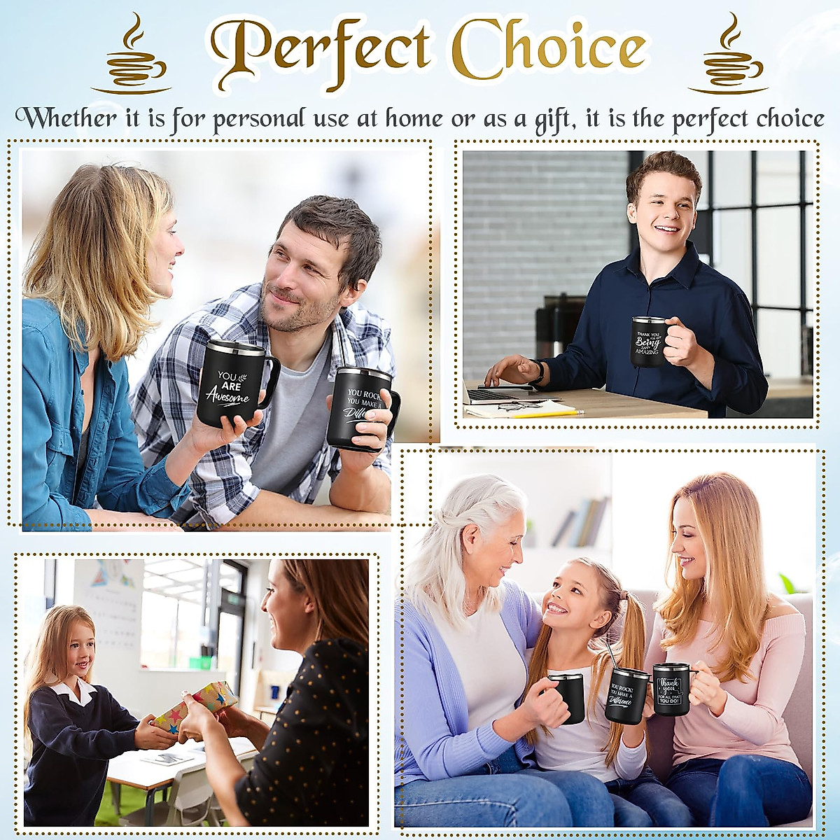 Sumind Thank You Employee Appreciation Gifts 17 oz Inspirational Stainless Steel Coffee Mugs with Handle Lid Straw for Thanksgiving Christmas Staff Coworker Teacher Gifts(Black,6 Pcs)