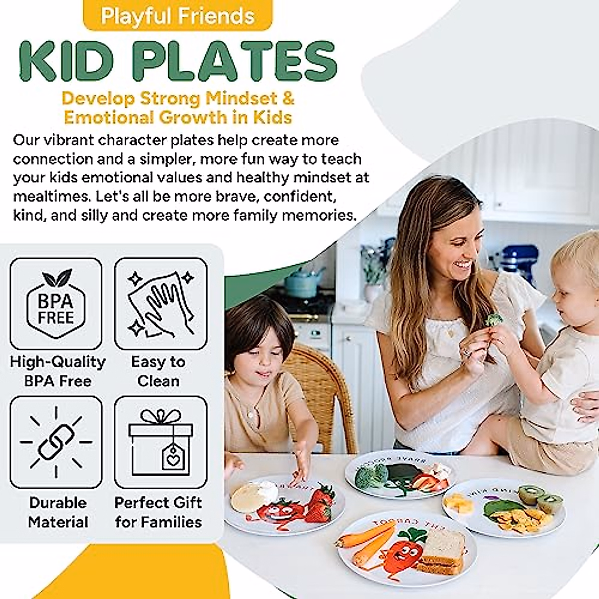 Playful Friends Kid Plates - Toddler Plates Set of 4 - White Melamine Baby Plates - Dishwasher Safe Kids Plates BPA Free w/Vibrant Art - Lightweight Plates - Kids Healthy Mindset - Gifts for Toddlers