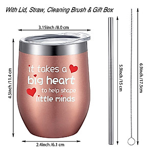 2 Pack Funny Teacher Appreciation Present, It Takes a Big Heart to Shape Little Minds, 12oz Double Wall Vacuum Teacher Cup with Lid Straw, Wine Glasses Tumbler with Pretty Box for Teacher (Rose Gold)