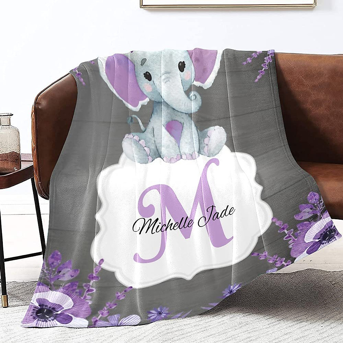 Yeshop Personalized Throw Blanket, Monogram Purple Floral Elephant Custom Blankets 50x60 Inches for Couch Bed, Fleece Blanket with Your Name Birthday for Boy Girl Teen
