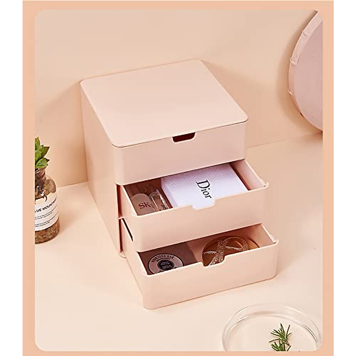 whillar Vanity Organizer, 3-Drawer Dresser Bathroom Countertop Organization Storage Holder, Small Cute Makeup Organizer Cabinet with Drawer for Women Girls (Pink)