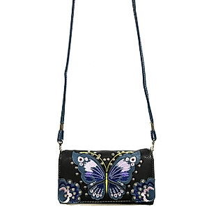 Zelris Peacock Butterfly Floral Embroidery Crossbody Trifold Wallet (Black)