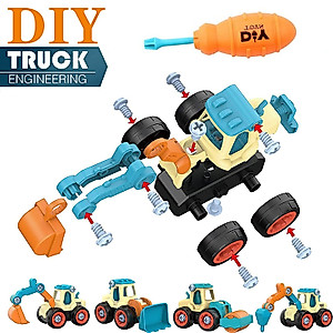 YLTTZH 4 Pack Take Apart Construction Trucks Cars Toys for Boys 3+ Year Old,STEM Montessori Trucks Toys with Drill,Construction Trucks Engineering Trucks Toys Playset for 3 4 5 6 7 8 Year Old Boys
