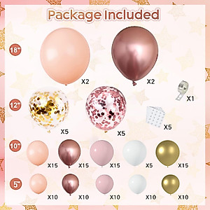 Rose Gold Balloon Garland Kit, Nude Pastel Pink Metallic Gold Matte White Balloons Gold and Rose Gold Confetti Balloons for Wedding Bridal Shower Princess Party Girl Birthday Baby Shower Decorations