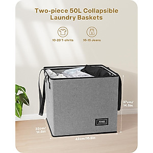 SOLEDI Collapsible Laundry Baskets, 2-Pack 50L (13 Gal) Collapsible Laundry Tote with Extended Easy Carry Handle, Sturdy Iron Wire Frame, Freestanding Clothes Basket for Bathroom, Bedroom, Dorm. Grey