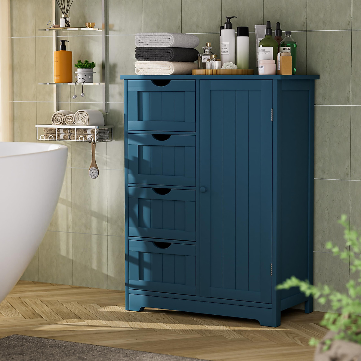 VEIKOU Bathroom Storage Cabinet with 4 Drawers, Freestanding Small Bathroom Cabinet w/Removable Shelf & Anti-Topping Design, Living Room Organizer Cabinet, Dark Teal