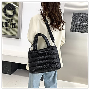 UMRFNO Puffer Tote Bag, Quilted Tote Bag for Women Luxury Shoulder Bag Down Winter Handbag Top Handle Bag Pillow Bag (Black)