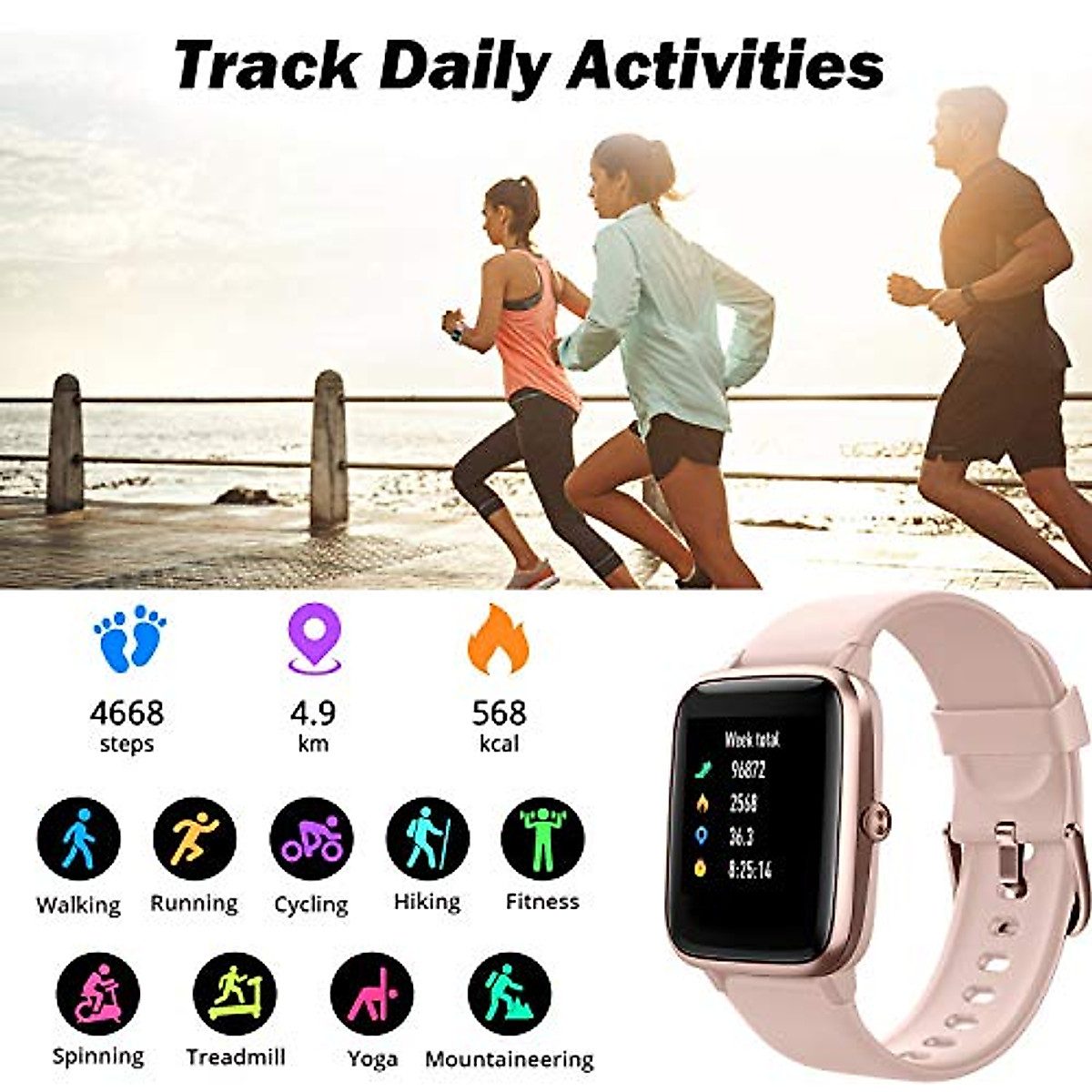 Fitness Tracker Smart Watch for Android Phones and iOS Phones Step Tracker Heart Rate Monitor, IP68 Waterproof Fitness Watch Sleep Monitoring, Calorie Counter, Pedometer Smartwatch for Women