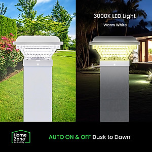 Home Zone Security 2 Pack Solar Post Cap Lights 12 Lumens Outdoor 4x4 fit Post Size 3.5x3.5, Recharging by Sunlight, Sensor Trigger Light at Night, No Wiring Require, Mount Anywhere for Decorative