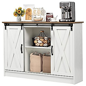 4 EVER WINNER Farmhouse Coffee Bar Cabinet, Kitchen Buffet Storage Coffee Cabinet Station Credenza Cupboard with Adjustable Shelf, Buffet Cabinet with Storage and Sliding Barn Doors, White