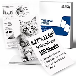 A4 Thermal Paper - 8.27” x 11.69” (210mm x 297mm) Quick-Dry Printing Paper, Compatible with Phomemo M08F-A4 M832 M831 M833 M834 M835 Q301 Q302 Thermal Printer for Documents Contracts, 100 Sheets