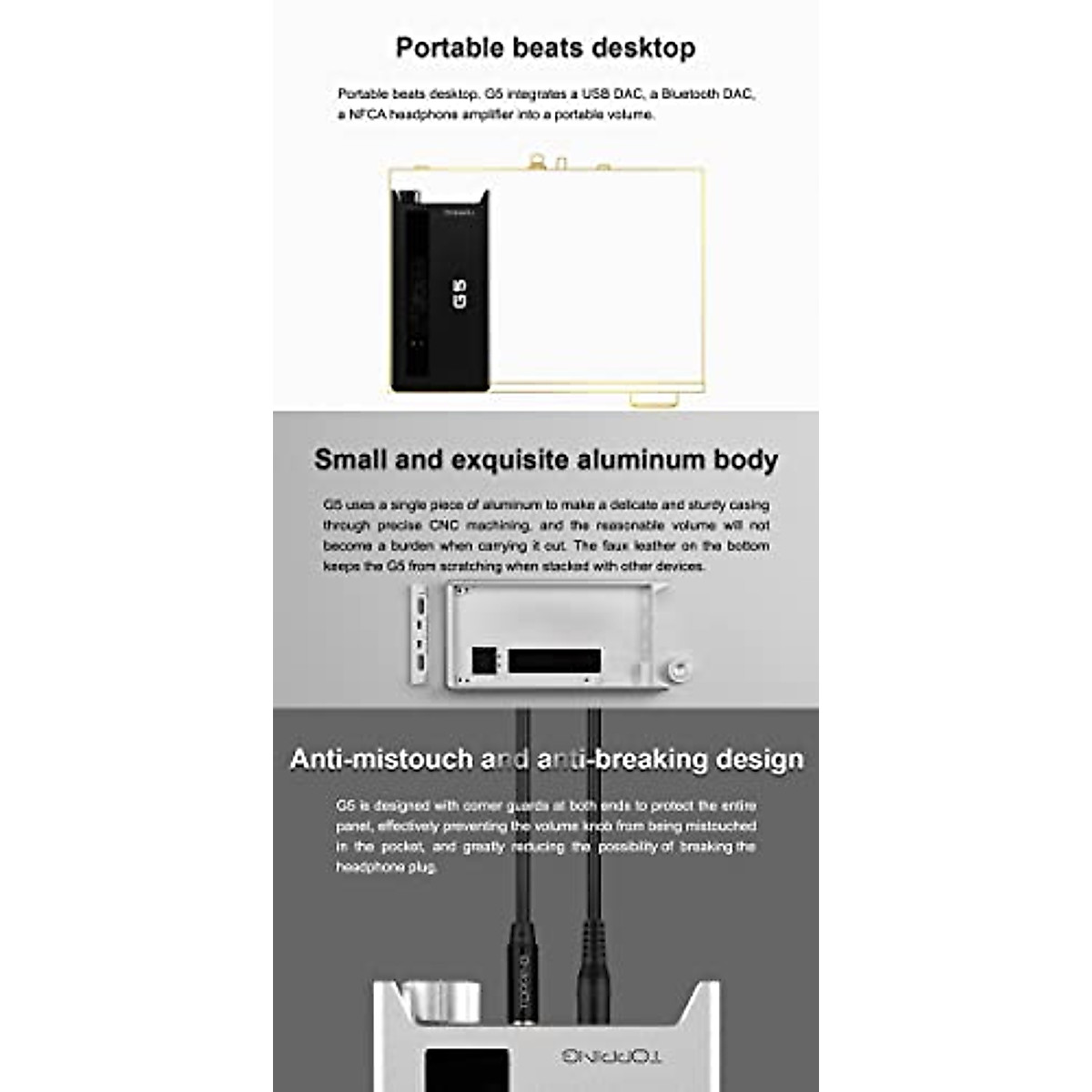 KGUSS Topping G5 Portable NFCA Headphone Amplifier DAC - USB Tyle C/Bluetooth/AUX Input, 6.35mm Line Out 3.5mm/4.4mm Headphone Out LDAC Hi-Res Audio (Sliver)
