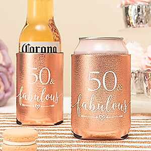 Crisky 50th Birthday Can Cooler for Women 50th Birthday Decorations Rose Gold Can Berverage Beer Sleeve Party Favor, Insulated Can Coolies 50th Birthday Gift Idea for Her 12 Pack