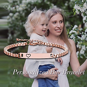 MRENITE 10k 14k 18k Solid Yellow Gold Silver Personalized His Hers Name ID Bar Bracelet Anklet Box Chain Custom Engraved Letter for Her Women Mom Daughter Son (Rose Gold)