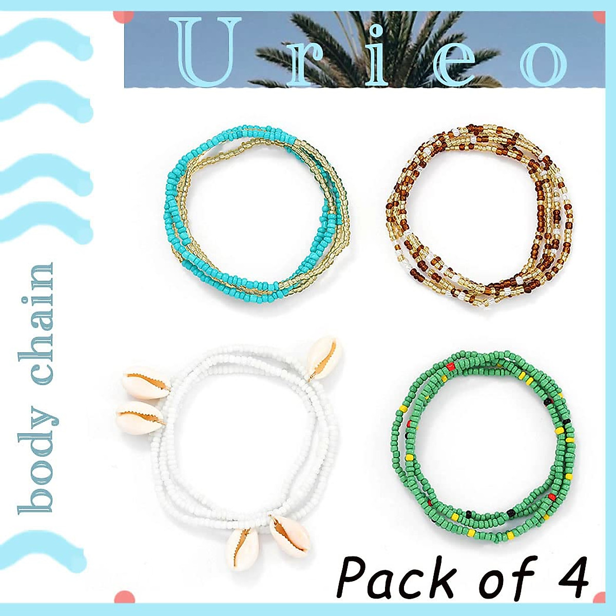 Urieo African Shell Elastic Waist Beads Chain Colorful African Stretchy Belly Bead Layered Beaded Bikini Beach Party Waist Chains Body Jewelry for Women(Pack of 4)