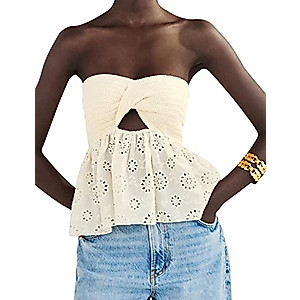 MISSACTIVER Women Twist Knot Knit Bandeau Tube Top Embroidery Strapless Off Shoulder Backless Hollow Crop Tank Corset Top Apricot