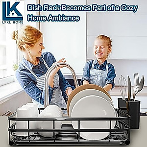 LKKL Dish Drying Rack, Large Capacity Dish Rack for Kitchen Counter, Extendable Dish Rack, Anti-Rust Stainless Steel Dish Drainer with Utensil Holder Cups Holder, Black