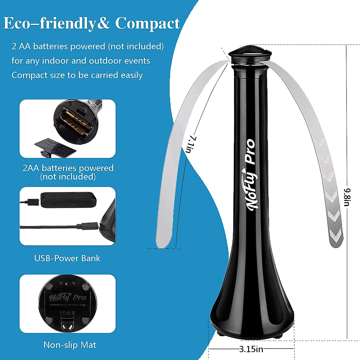 Nofly Pro Fly Fans for Tables for Outdoor or Indoors USB or Batteries Powered Fly Repellent Swatter Fan, Shoo Away Fly Bug Fan for Picnic, BBQ, Party, Events(Black-2Pack)