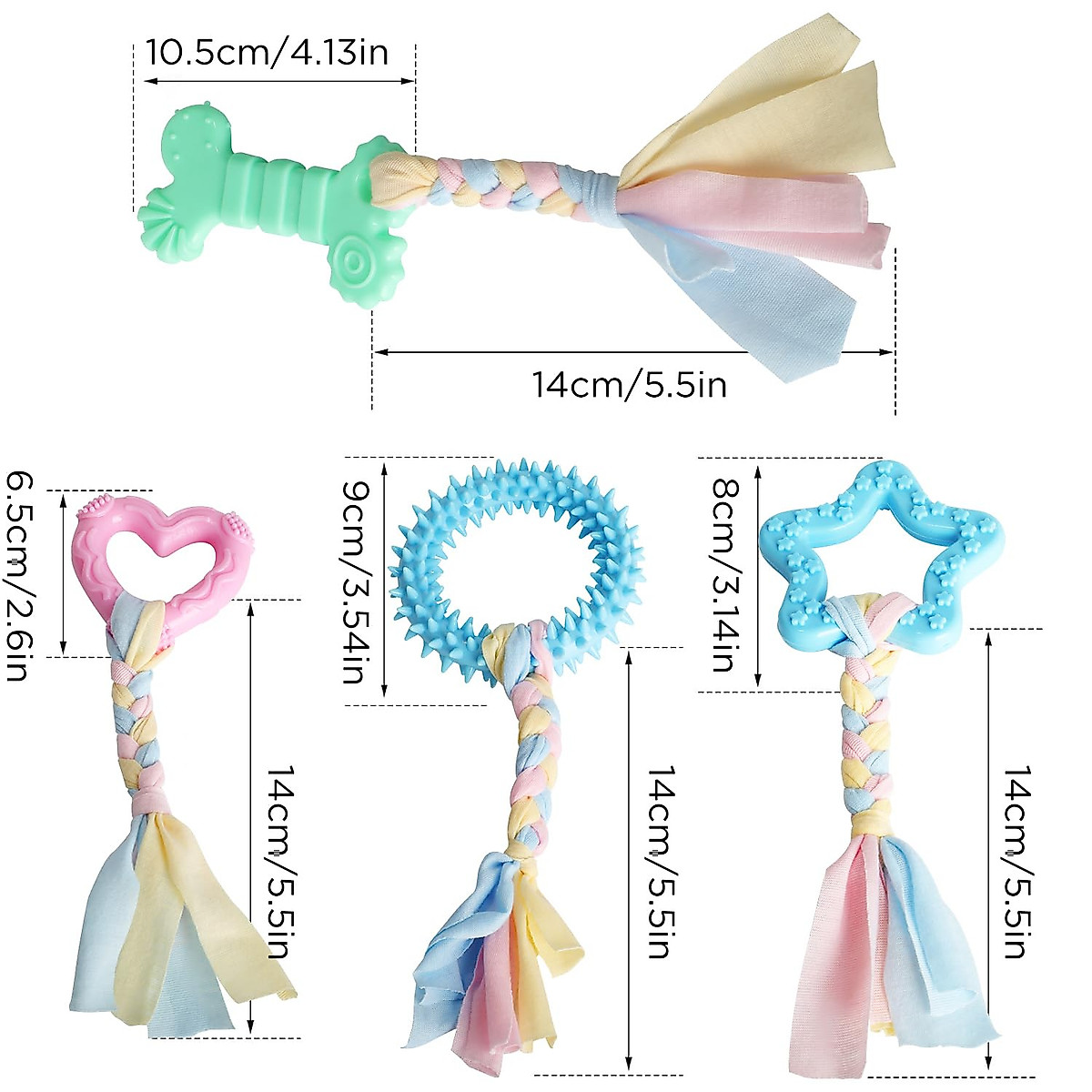 4 PCS Chew Toys for Teething, Soft Rubber Puppy Chew Toys, Puppy Teething Ring, Rope Dog Toys, Funny Interactive Toy for 2-8 Months Teething Small Dogs