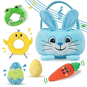 Treory Baby's First Easter Basket Playset, 6ct Stuffed Plush Easter Basket with Blue Bunny Chick Carrot Egg Frog Baby Easter Basket Stuffers Toys Easter Gifts for Boys Kids Easter Decorations