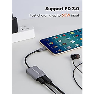 CableCreation USB Type C Splitter, 2-in-1 USB C Audio Adapter and PD Fast Charging, Compatible with iPad Pro, MacBook Air, Galaxy Note 10, S9, S10, S20, S21 Ultra, S22, Pixel 2 3 XL, Aluminum Gray