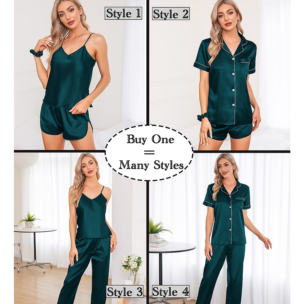 SWOMOG Womens Silk Satin Pajamas Sets 7pcs Sleepwear Sexy Cami Shorts Set and Button Down Short Sleeve Satin Pjs Deep Green Large
