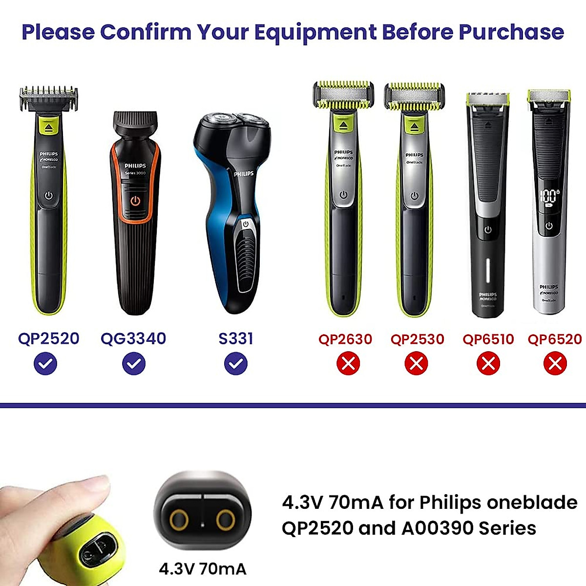 Electric Shaver 4.3V Adapter Power-Supply Cord, Shaver Charger Power Cord for Philips A00390 4.3V 70mA for Philips Norelco oneblade Charger QP2520 Compatible with QP2520/90, QP2520/70, QP2520/72