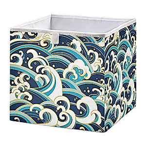 Kigai Retro Ocean Wave Cube Storage Bin, 11x11x11 in Collapsible Fabric Storage Cubes Organizer Portable Storage Baskets for Shelves, Closets, Laundry, Nursery, Home Decor