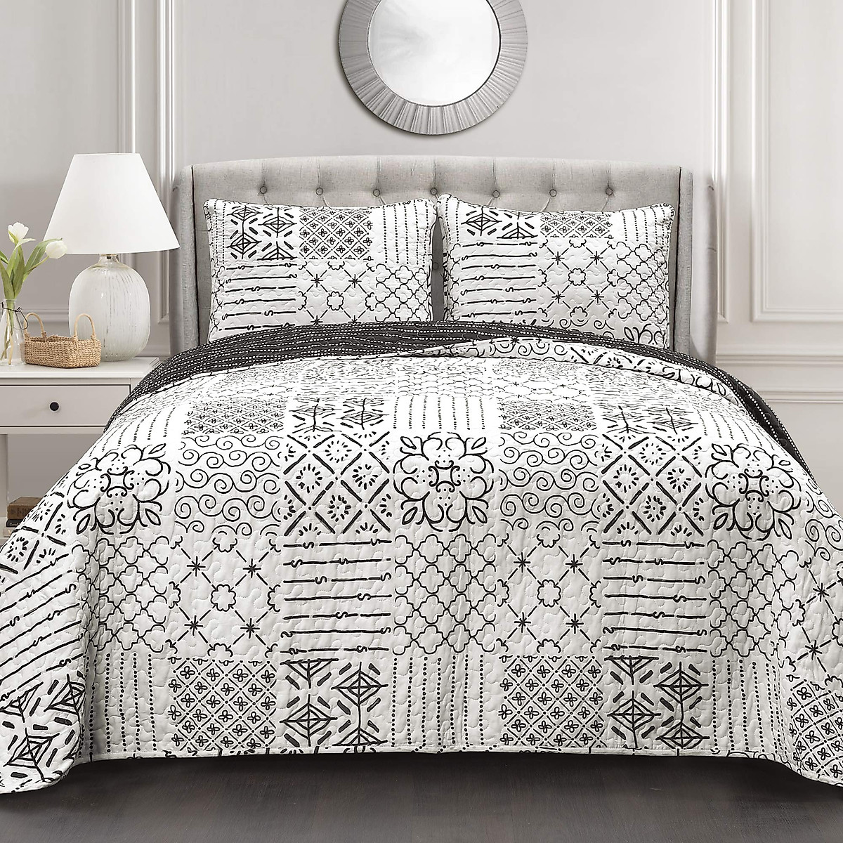 Lush Decor Charcoal King Monique 3 Piece Reversible Print Pattern Quilt Set