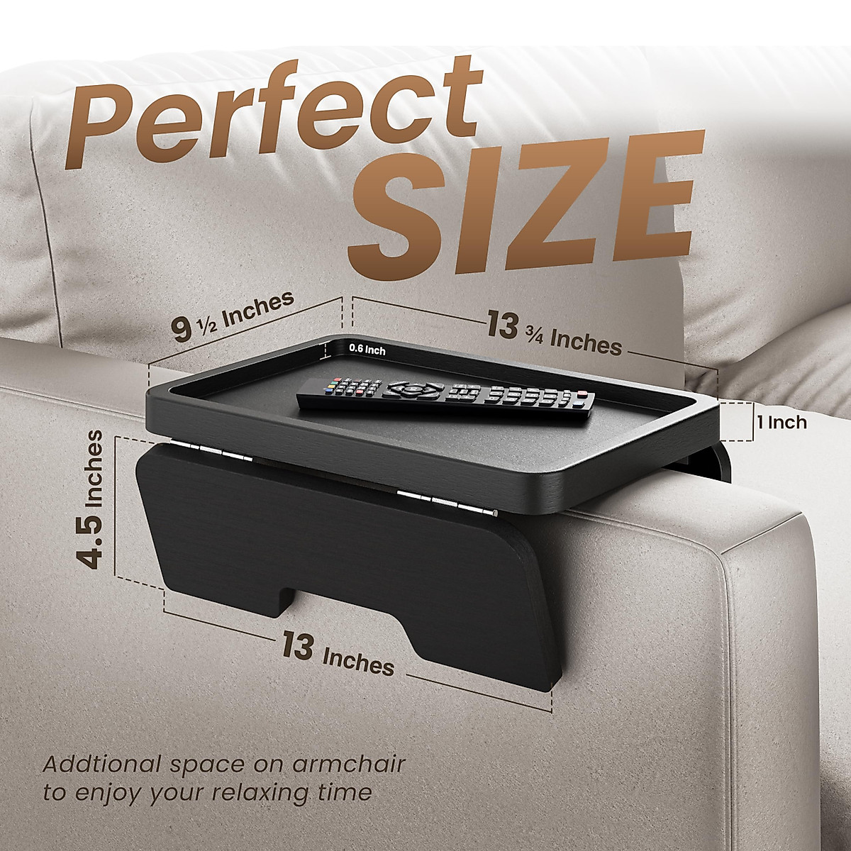 HOLANA Acacia Wood Sofa Armrest Tray -Double Hinge Sofa Arm Tray Table Clip - Couch Arm Table - Wooden Side Tables for Small Spaces for Eating and Drink (Classic, Black)