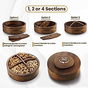 TIDITA 12" Acacia Lazy Susan Organizer with 4 Dividers - Wooden Lazy Susan Turntable for Table, Countertop - Kitchen Storage Food Bin Container for Spices, Cabinet, Fridge, Pantry (Acacia Wood)