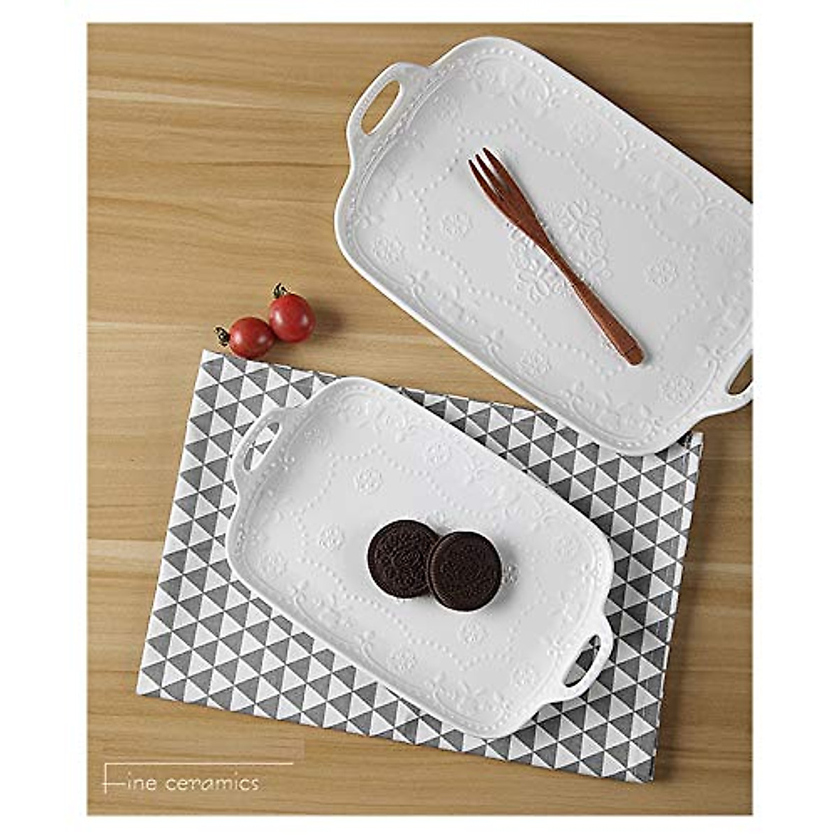 AMDSS Dinner Plate 2pcs Set,10+12inch, White Embossed Porcelain Square Tray with Handle, Ceramic Buffet Tray, Chafing Dish, Display Plate