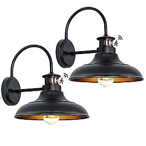 2 Packs Motion Sensor Outdoor Barn Lights - Dusk to Dawn Farmhouse Gooseneck Barn Light, 12in Large Black Porch Light Fixture Wall Mount, Exterior Wall Lighting Fixture for Garage Patio Doorway