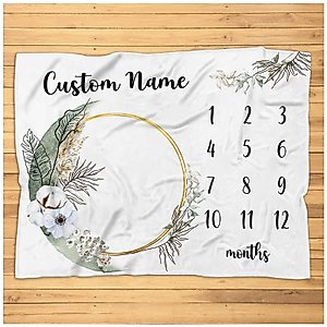 Personalized Boho Floral Monthly Blanket - Custom Boho Baby Blanket Nursery Decor - New Baby Boho Monthly Blanket - Super Soft Plush Fleece Blanket Scozys