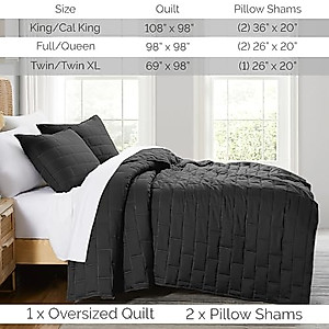Southshore Fine Living, Inc. Oversized King Quilt Set, Brick Pattern Stitching, Lightweight Bedding Quilt, Soft Coverlet with Matching Pillow Shams, California King Quilt Sets Oversized, Black