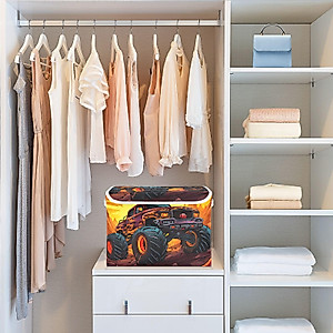 Vnurnrn Monster Truck Sports Storage Cube with Lid Collapsible, Large Capacity Foldable Storage Basket Bin Organizer 16.5×12.6×11.8 IN