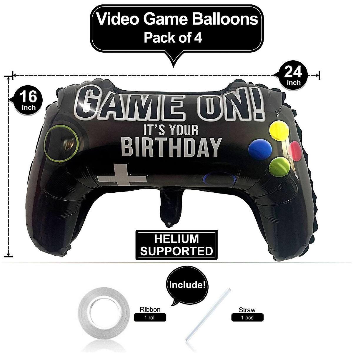 4 Pack Gamer Party Balloons Helium Foil Mylar Video Game on Balloons Video Game Controller Balloons for Boys Game Themed Party Birthday Decorations Supplies 23.6 x 15.7 Inch