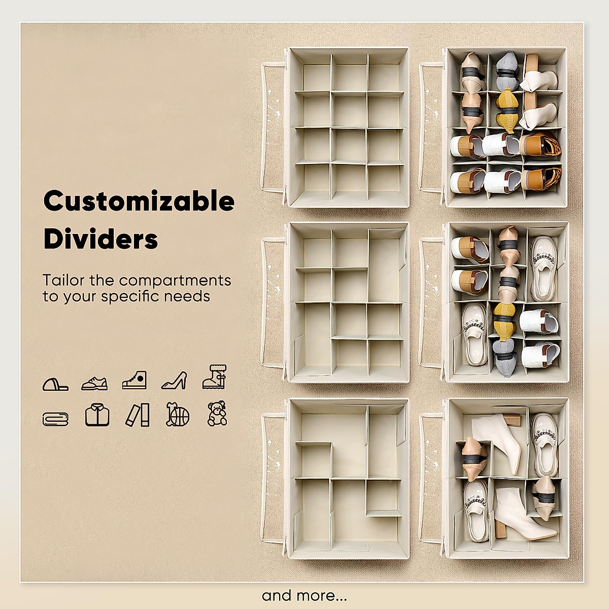 Homaisson 2-Pack Shoe Storage Organizer for Closet, Large Shoe Box Storage + 3 Pack Bed sheet organizers and storage, Foldable Sheet Set Organizers for Linen Closet (Khaki+Grey)