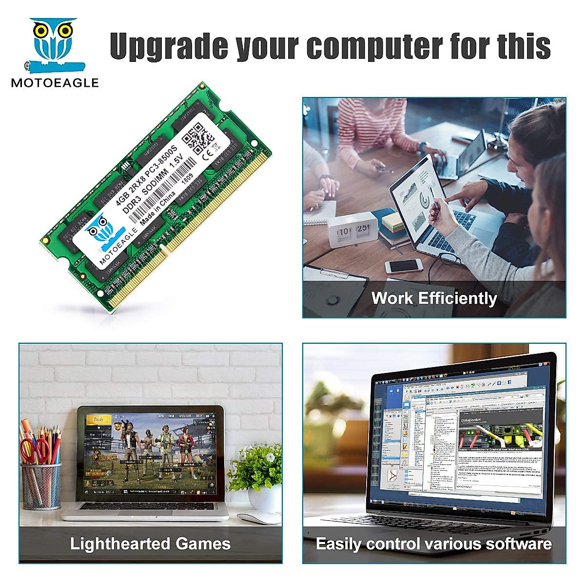 Motoeagle DDR3 1066MHz SODIMM 8GB Kit (2X4GB) 2Rx8 PC3-8500 PC3-8500S CL7 204 Pin 1.5V Non-ECC Unbuffered Laptop Memory RAM Modules