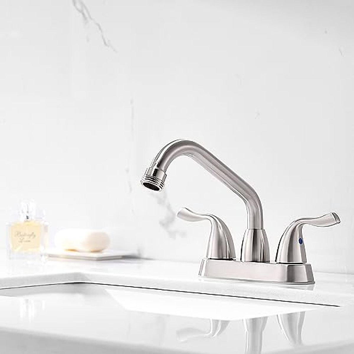 Phiestina Brushed Nickel Utility Sink/Laundry Faucet, 4 Inch Centerest 2 or 3 Hole Rotatable Swivel 360° Spout with Threaded End, with Water Supply Line, BF25-7-BN